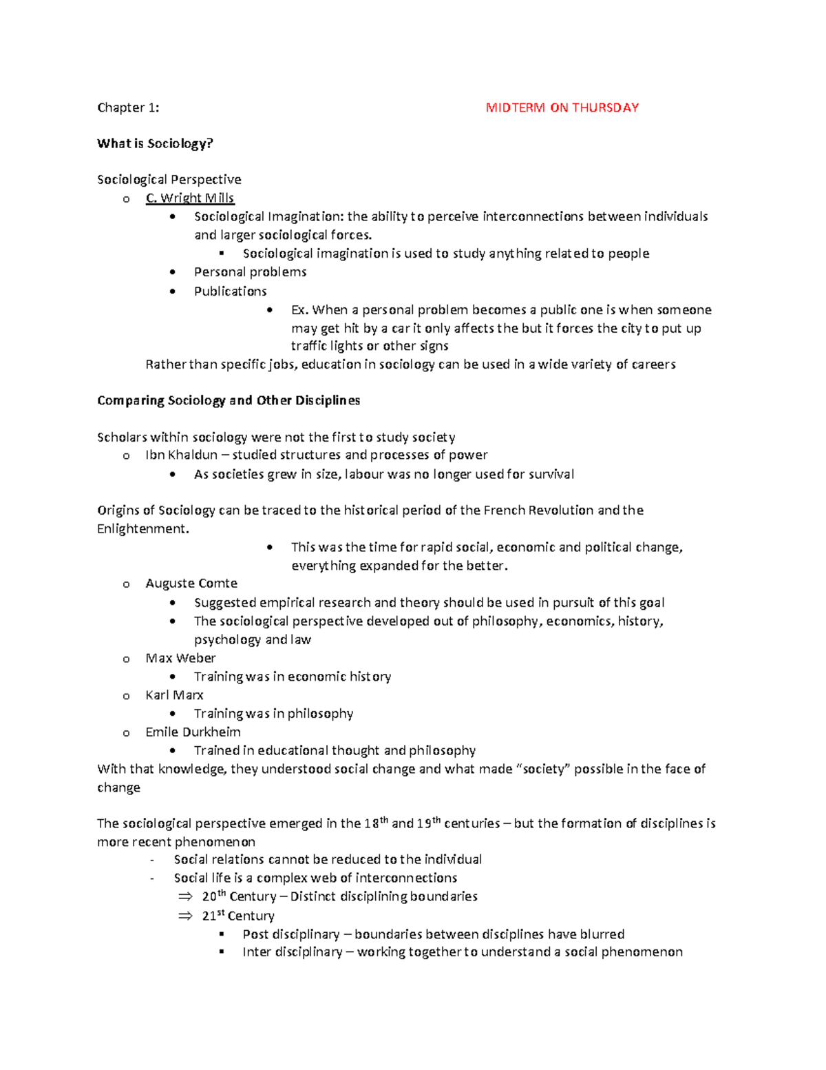 Sociology - Spring - Prof: Stephen Speake - Chapter 1: MIDTERM ON ...