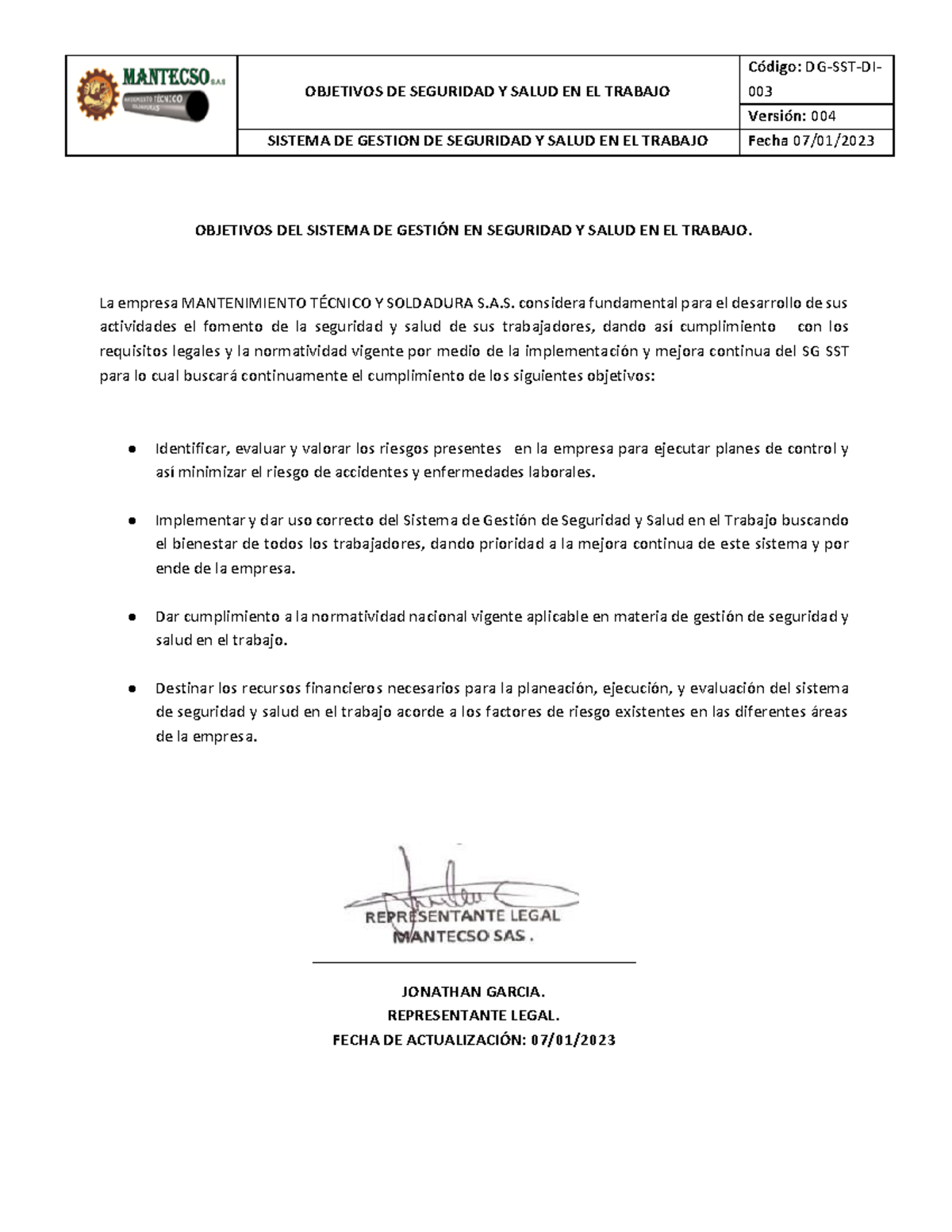 Objetivos SG SST - OBJETIVOS DE SEGURIDAD Y SALUD EN EL TRABAJO Código ...
