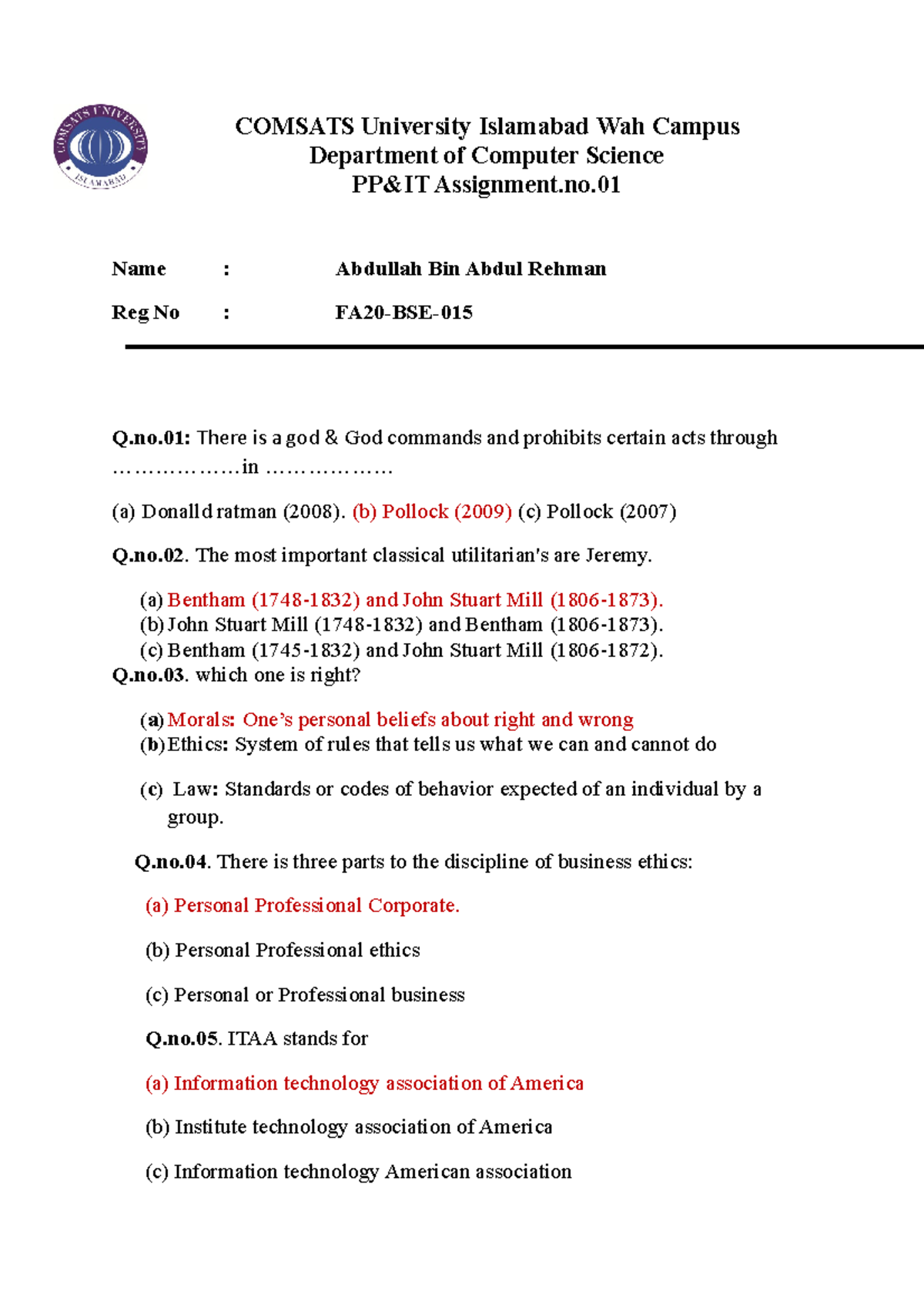 Ist Assignment - COMSATS University Islamabad Wah Campus Department of Computer Science PP&IT ...