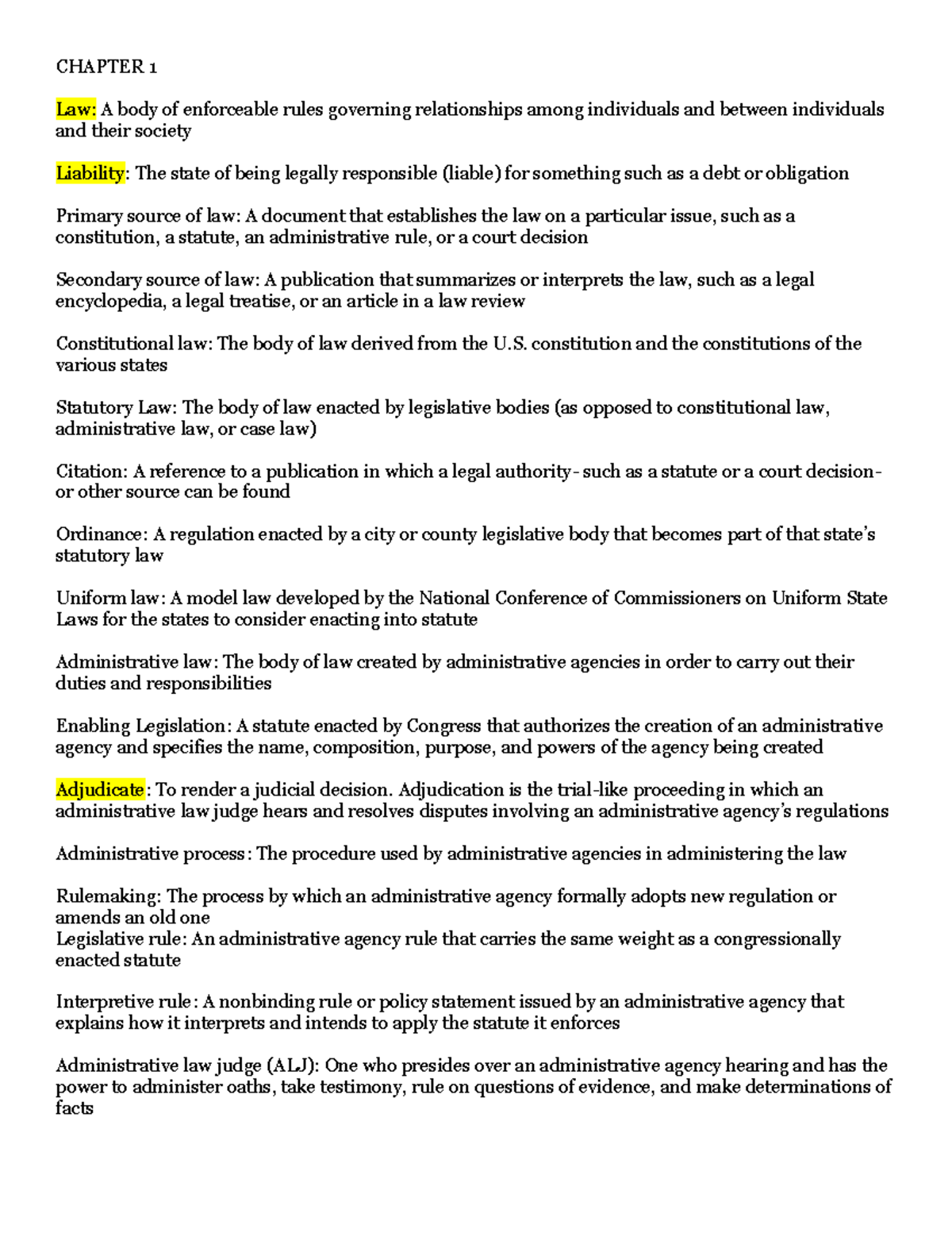 LAW - Lecture notes 1-15 - CHAPTER 1 Law: A body of enforceable rules ...