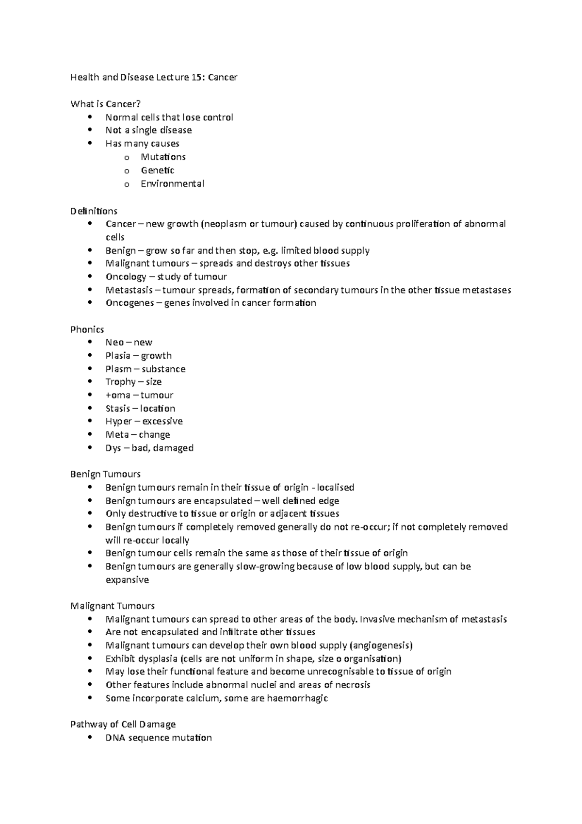 Lecture 15 Notes - Cancer - Health and Disease Lecture 15: Cancer What ...