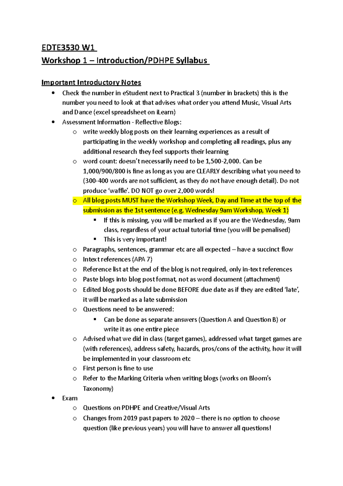 EDTE353 0 W1 P1 - Detailed workshop notes - EDTE3530 W Workshop 1 ...