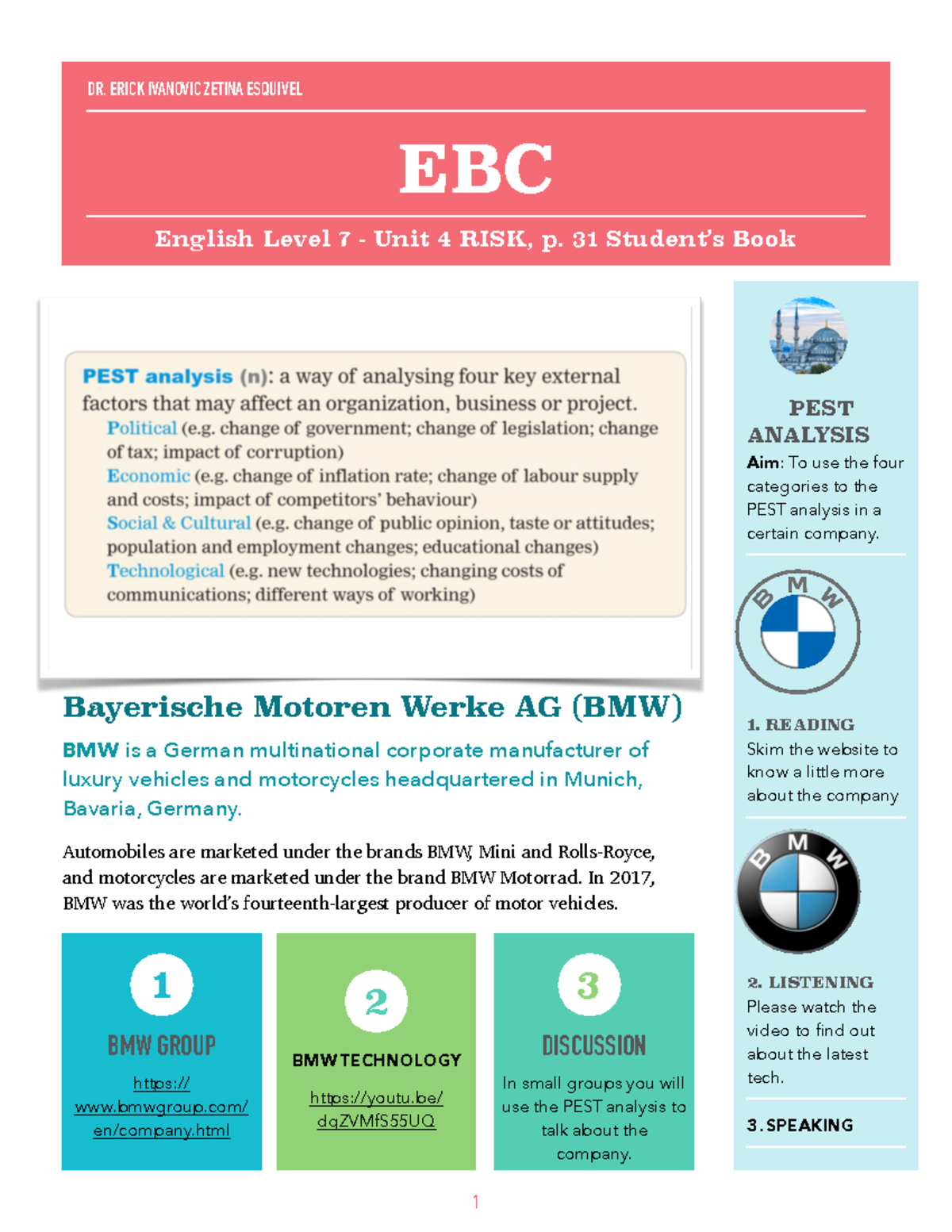 PEST Analysis BMW IZE 2 - Activity - 1 PEST ANALYSIS Aim: To use the ...