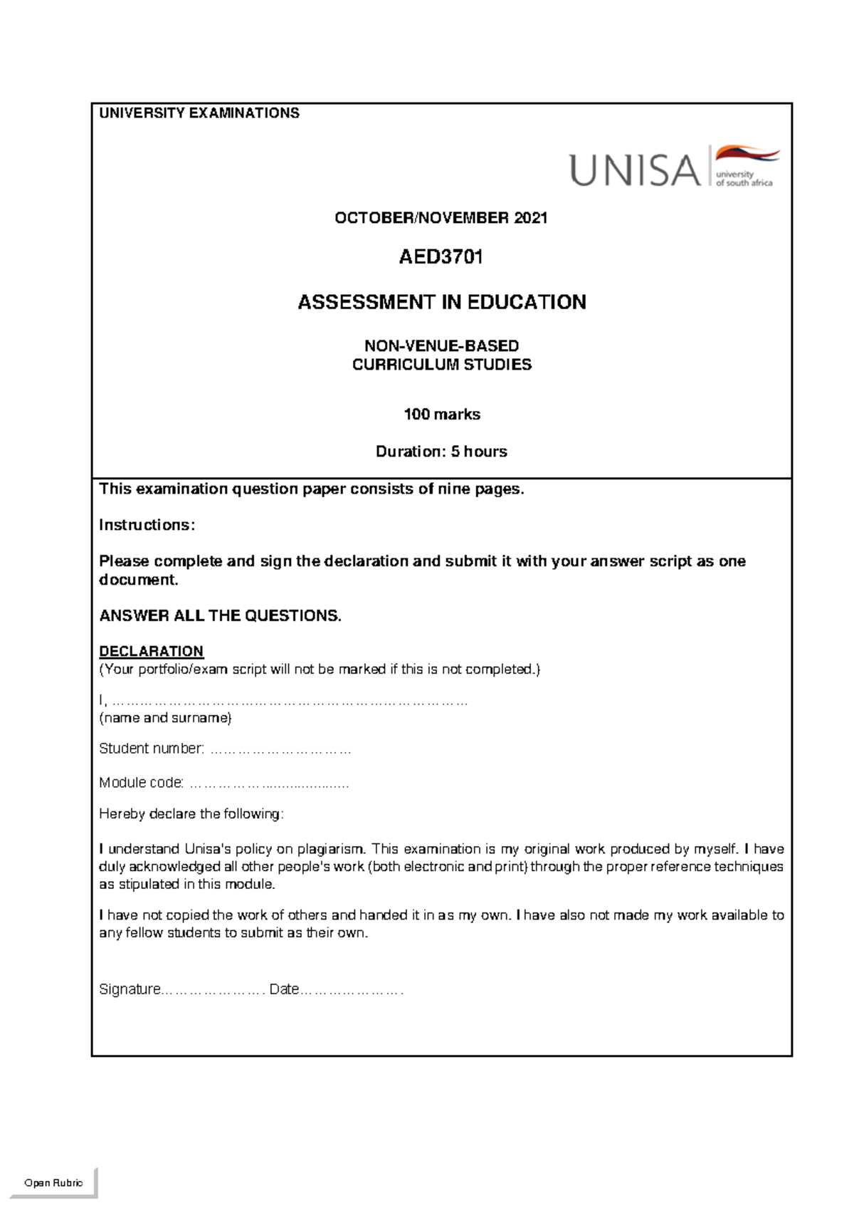 AED3701 2021 Octnov Exam - UNIVERSITY EXAMINATIONS OCTOBER/NOVEMBER ...