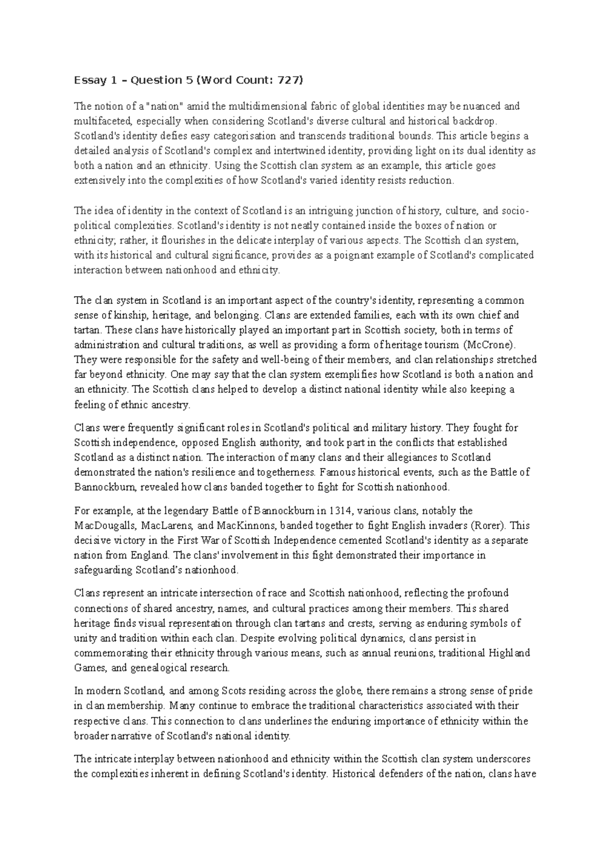 Essay 1 Assignment - Essay 1 – Question 5 (Word Count: 727) The notion ...