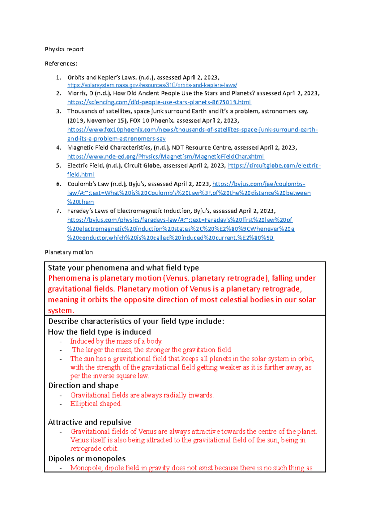 Physics report - sdasdasda - Physics report References: 1. Orbits and ...