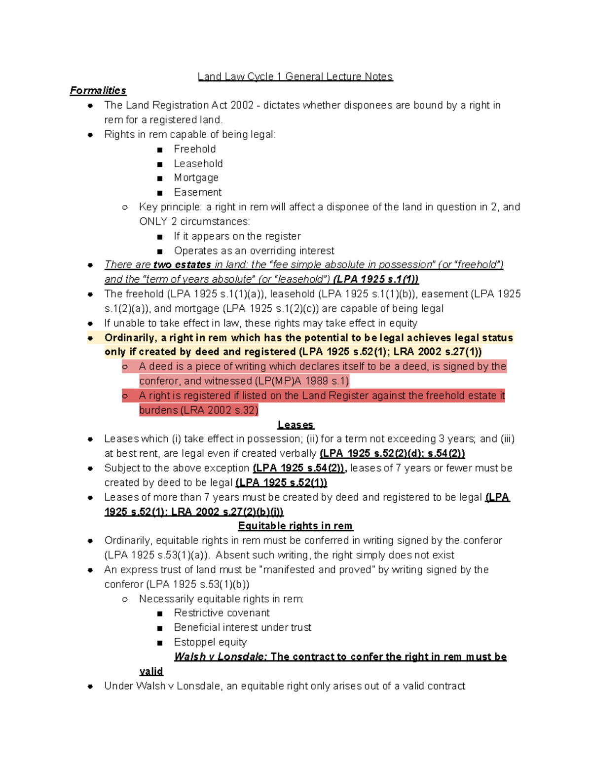 Land Law Cycle 1 General Notes - Land Law Cycle 1 General Lecture Notes ...