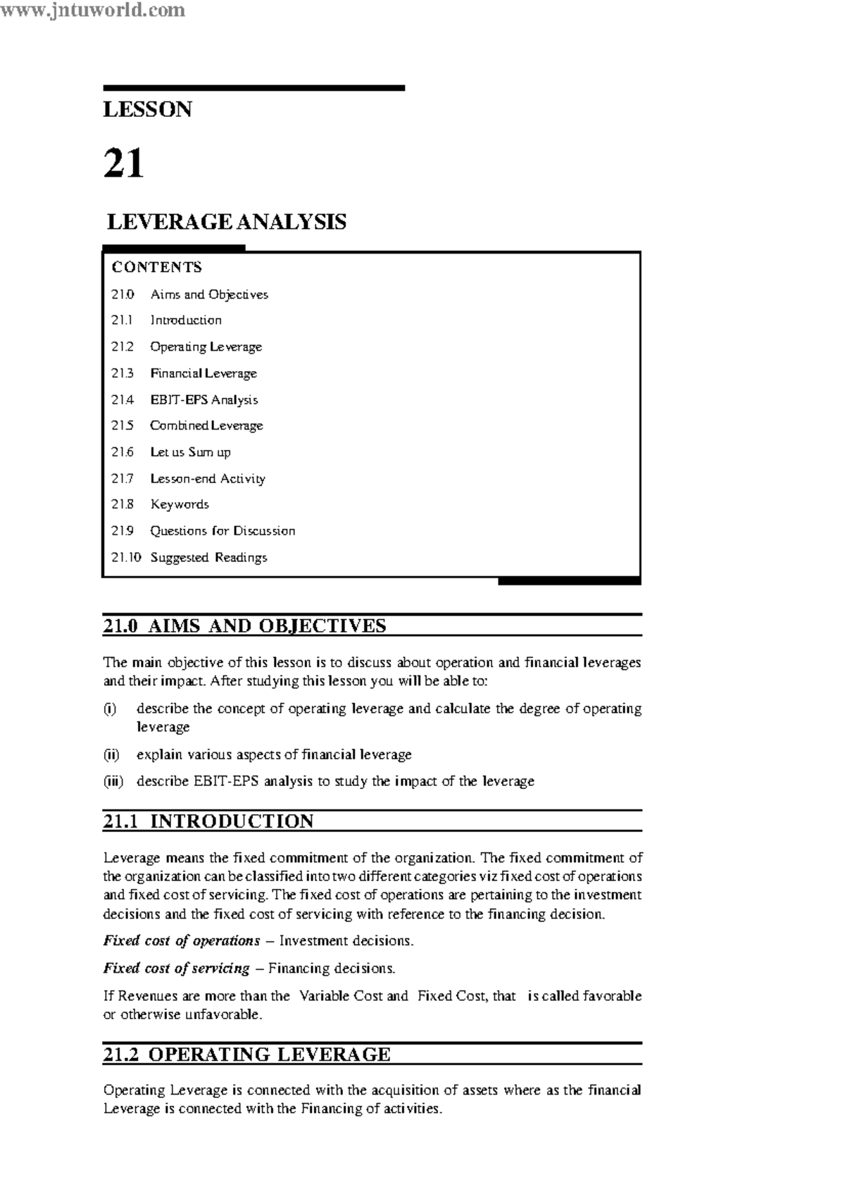 Leverage - LESSON 21 LEVERAGE ANALYSIS CONTENTS 21 Aims and Objectives ...
