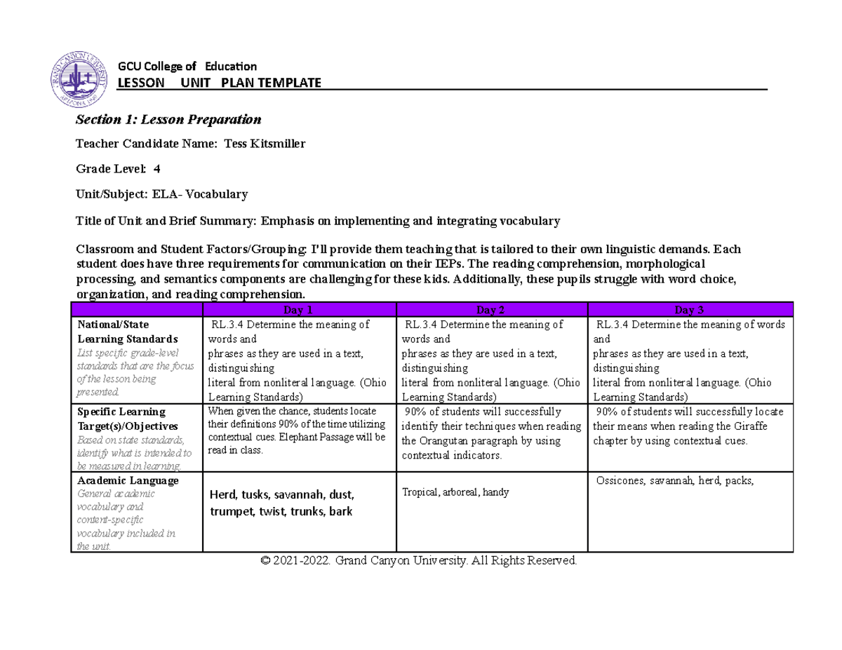 Spd-330 3 day lesson plan - Section 1: Lesson Preparation Teacher ...