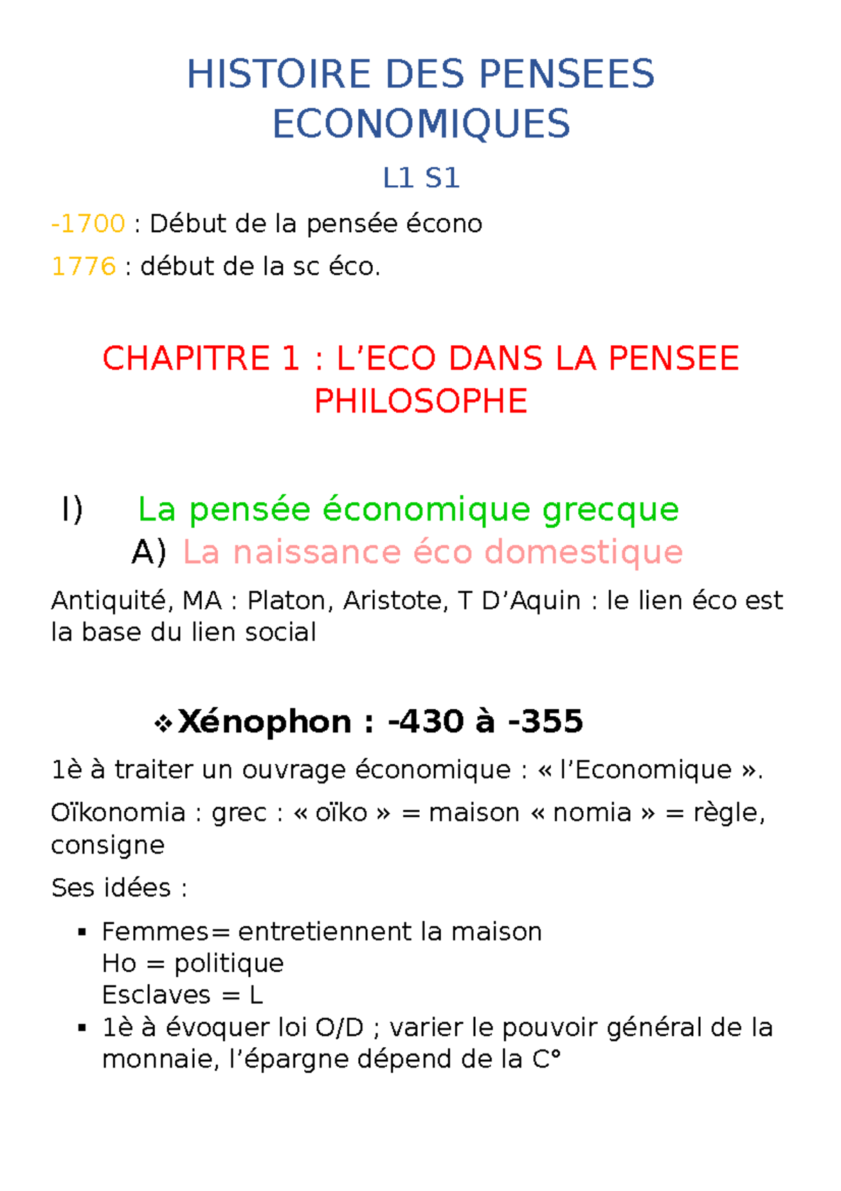 Chapitre 1 S1 - HISTOIRE DES PENSEES ECONOMIQUES L1 S -1700 : Début de ...