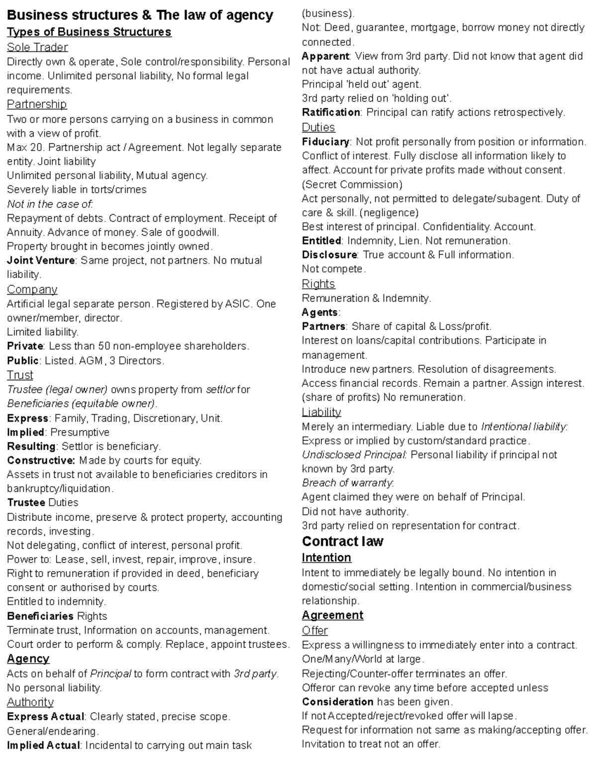 BSB111 Law and Ethics Exam Notes - Business structures The law of ...
