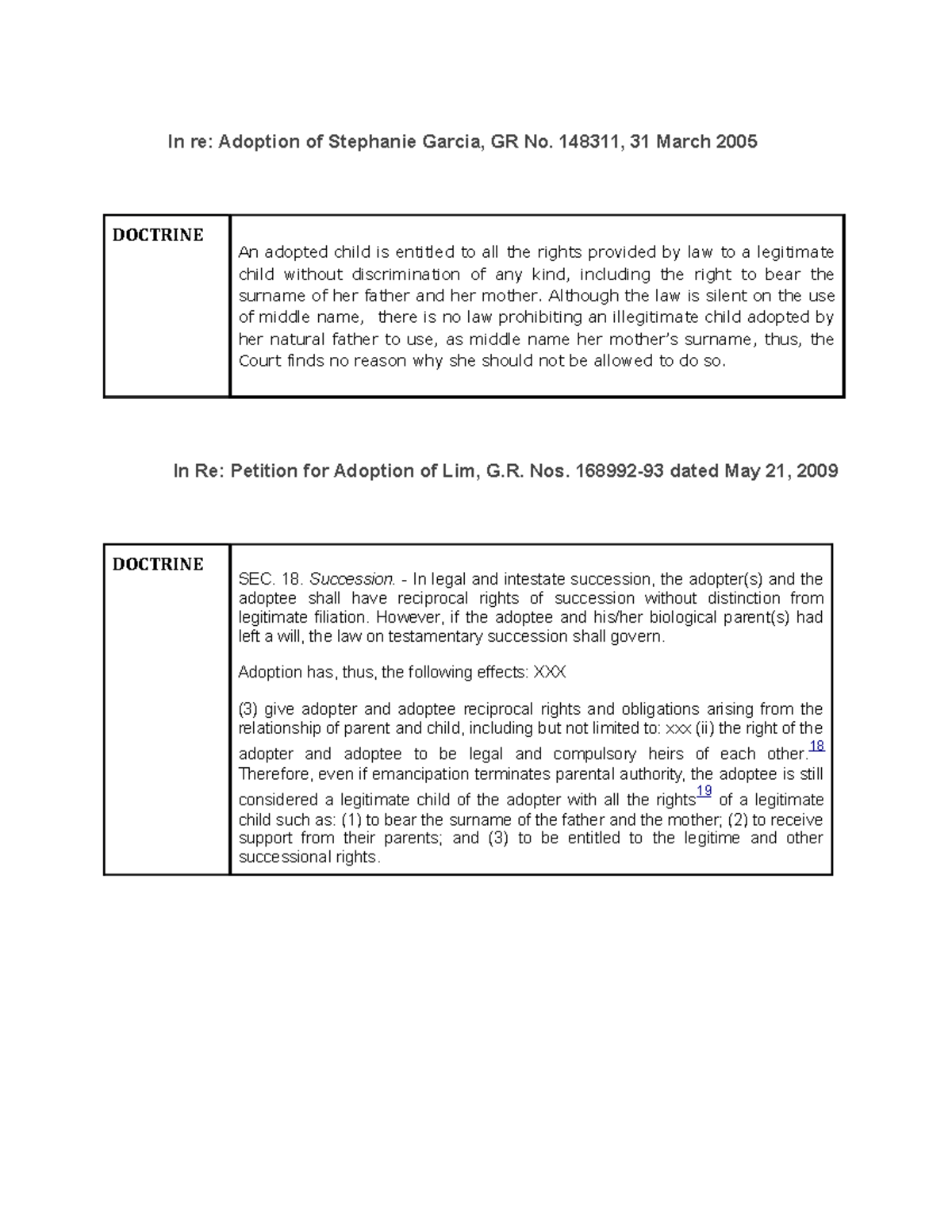 CASE- Doctrine - In re: Adoption of Stephanie Garcia, GR No. 148311, 31 ...