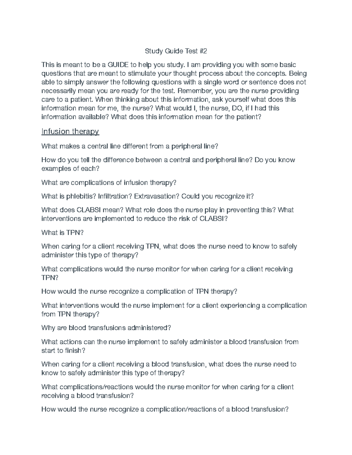 Study Guide Test #2 - I am providing you with some basic questions that ...