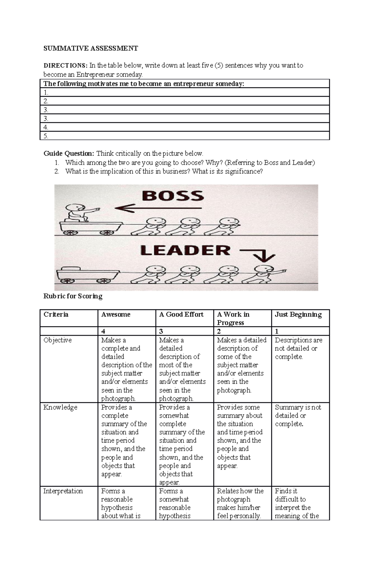 Summative Assessment Learning - SUMMATIVE ASSESSMENT DIRECTIONS: In the ...