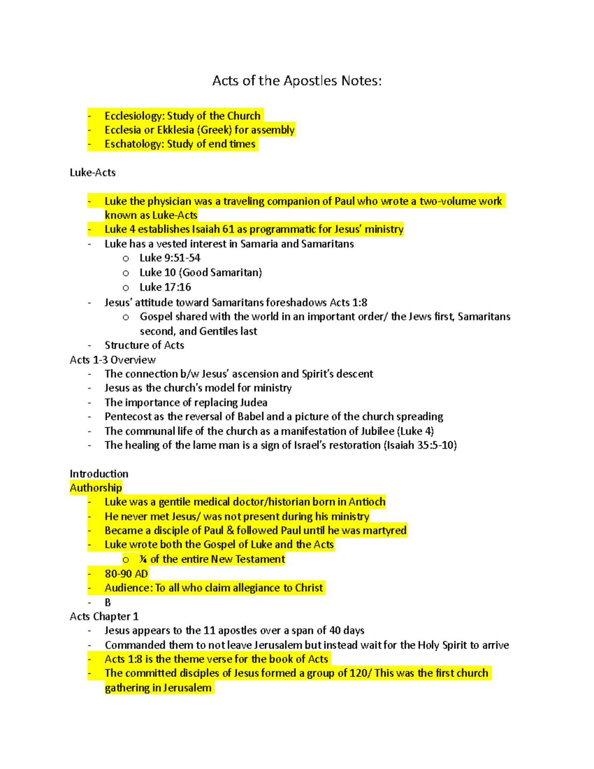 Acts of the Apostles Notes - Acts of the Apostles Notes: Ecclesiology ...