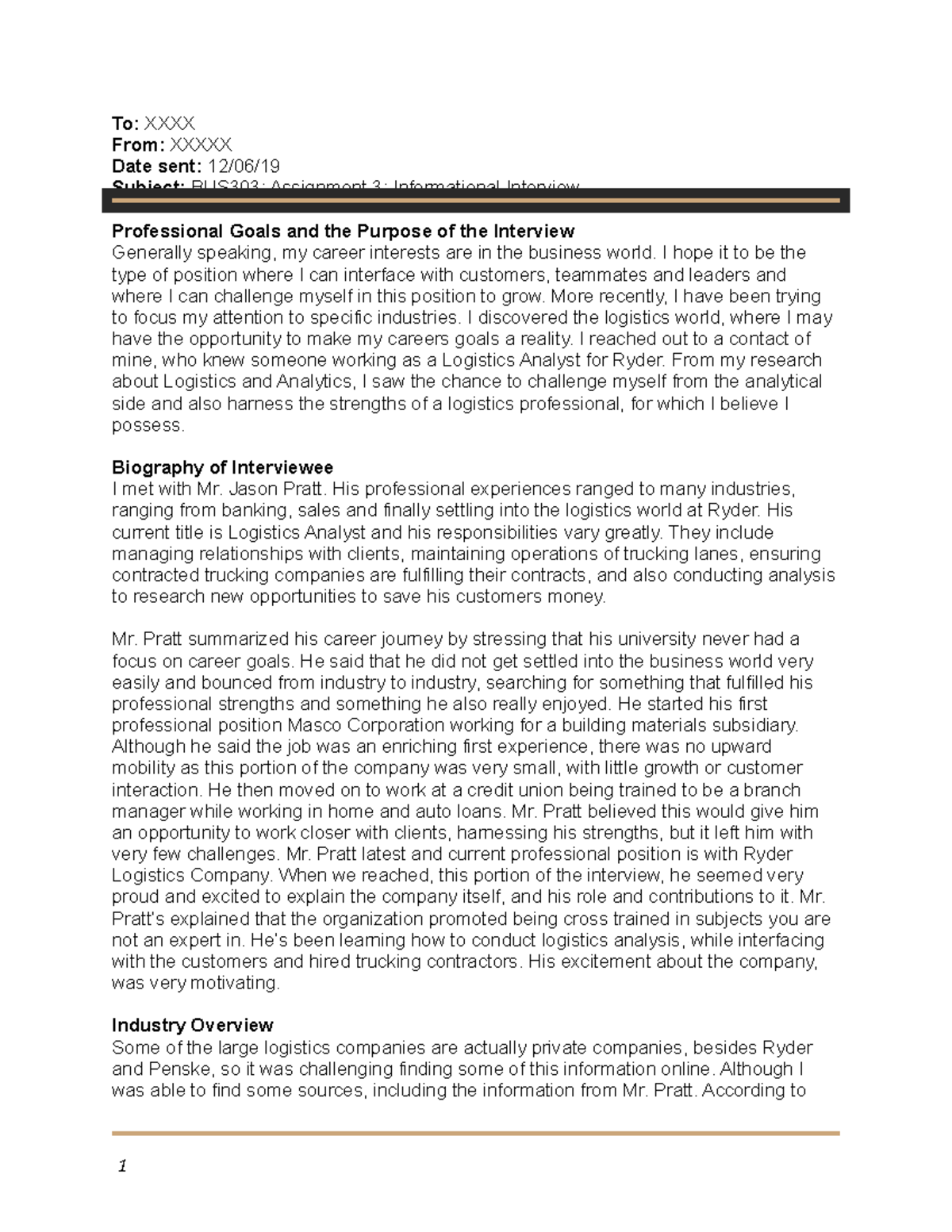 Assignment 3- Informational Interview - To: XXXX From: XXXXX Date sent ...