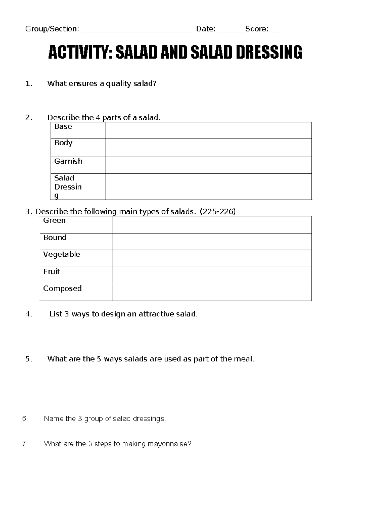 Activity salad and salad dressing - Group/Section ...