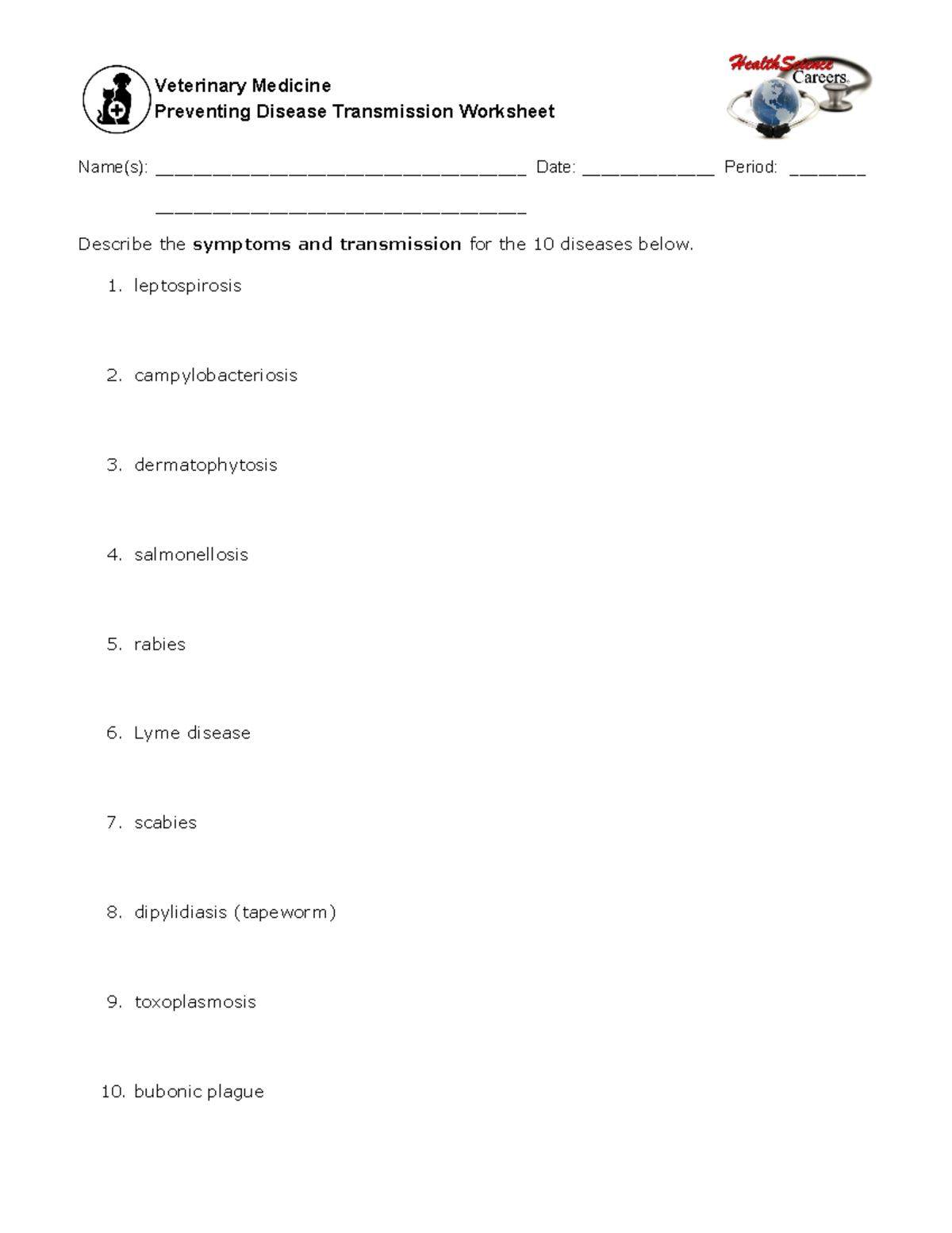 D2 Preventing Disease Transmission Worksheet - Name(s