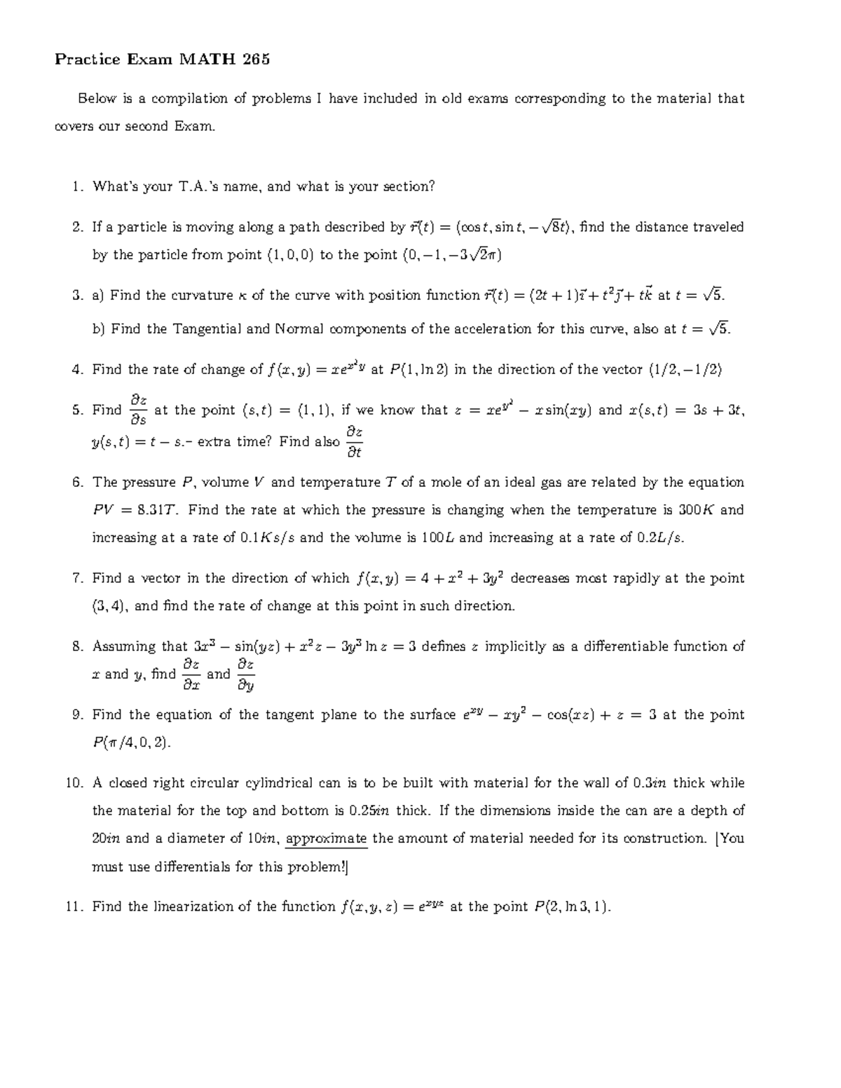 Practice exam 2 - Practice Exam MATH 265 Below is a compilation of ...