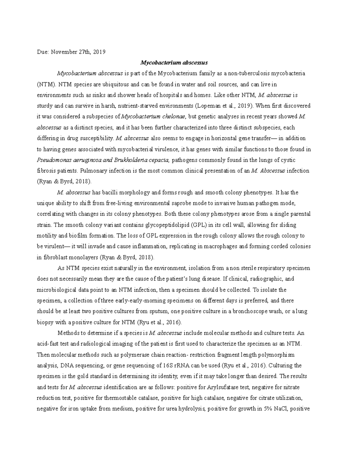 Microbiology paper - Due: November 27th, 2019 Mycobacterium abscessus ...