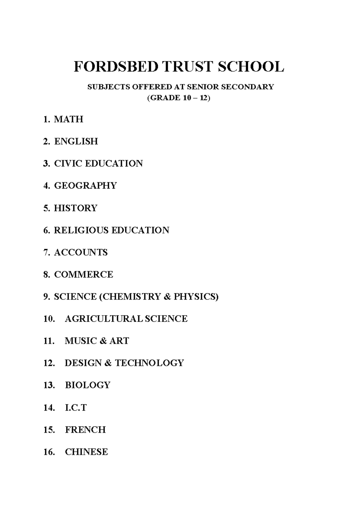 Subjects offered - notes - SUBJECTS OFFERED AT SENIOR SECONDARY (GRADE ...