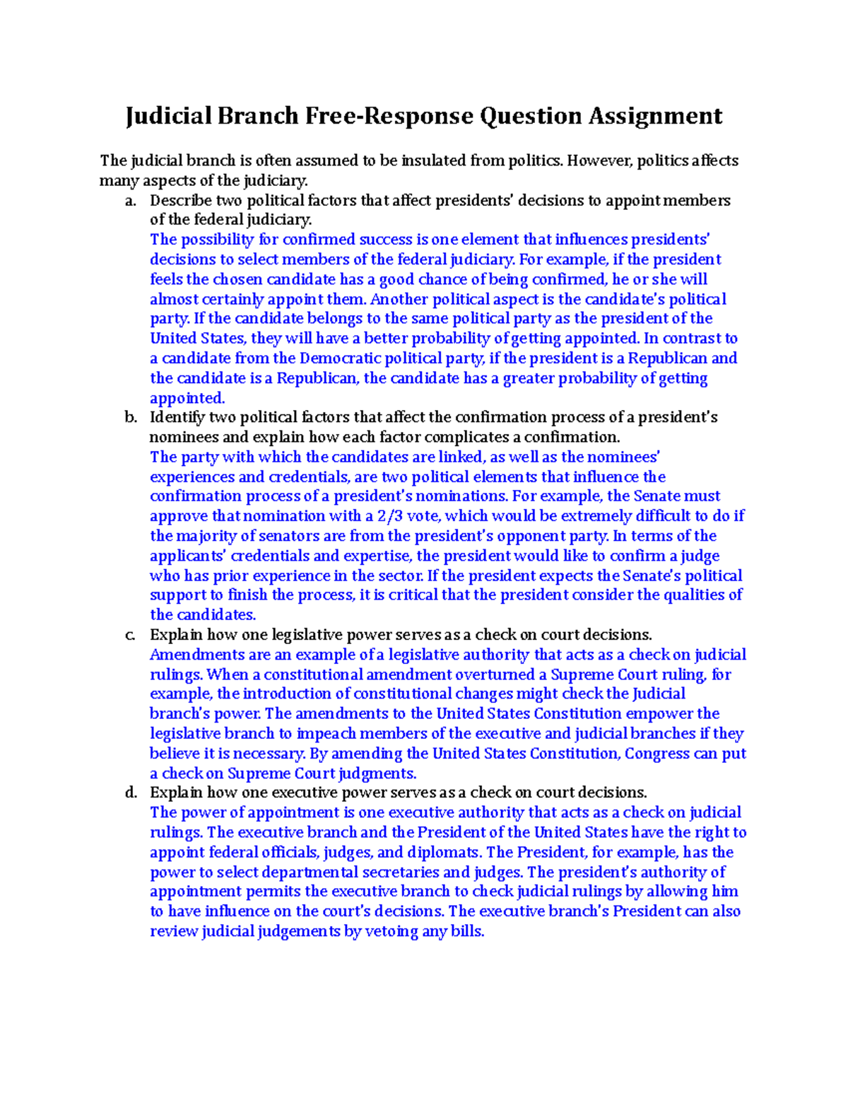 Judicial Branch Free Response Assignment - Judicial Branch Free ...