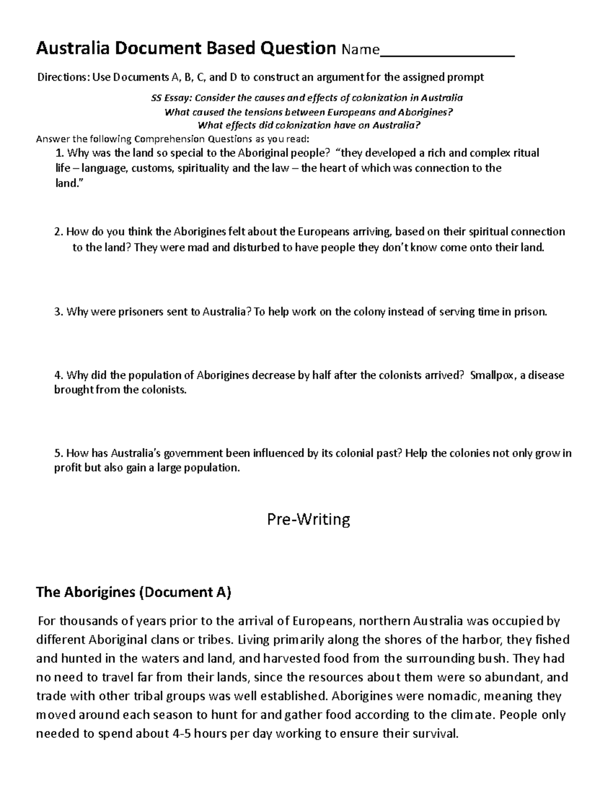 Australian DBQ-1 - Australia Document Based Question Name ...