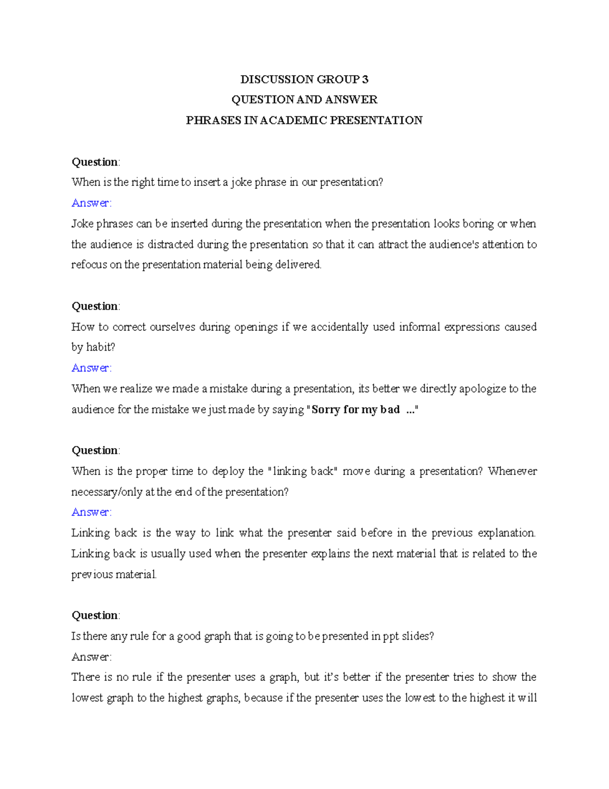 Question and Answer Group 3 - Phrases in presentation - DISCUSSION ...