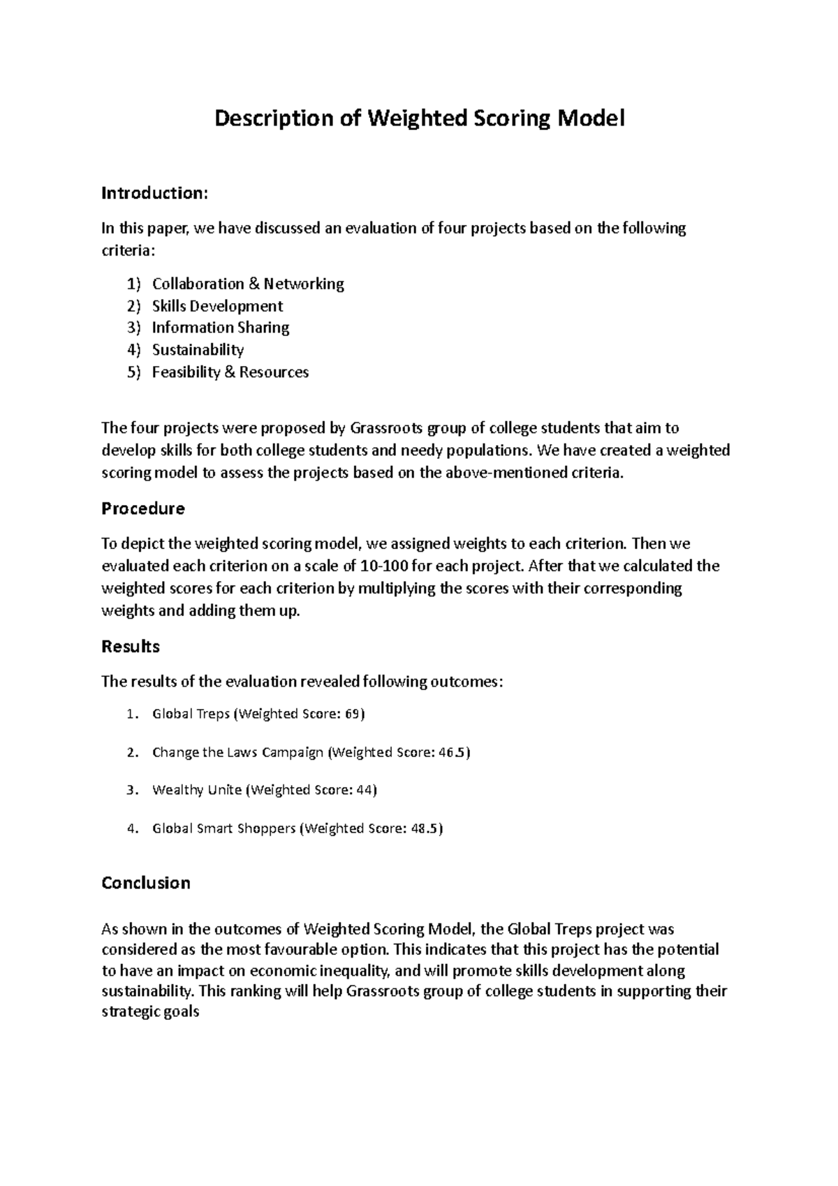 Weight Score Model - Description of Weighted Scoring Model Introduction ...