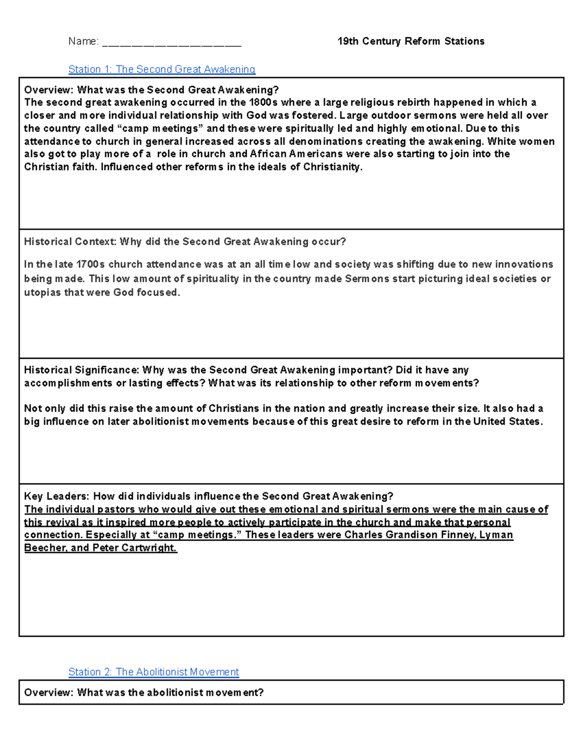 Copy of Antebellum Reform Stations Handout 4 - Station 1: The Second ...
