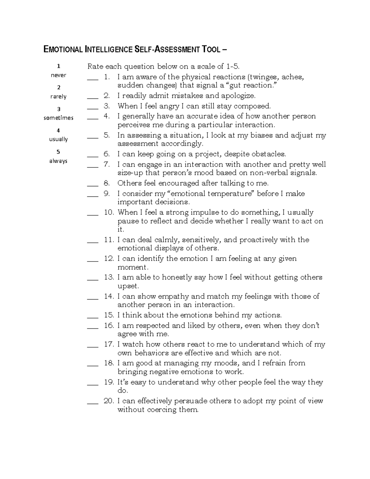EI- Assessment - All the best - EMOTIONAL INTELLIGENCE SELF-ASSESSMENT TOOL – Rate each question ...