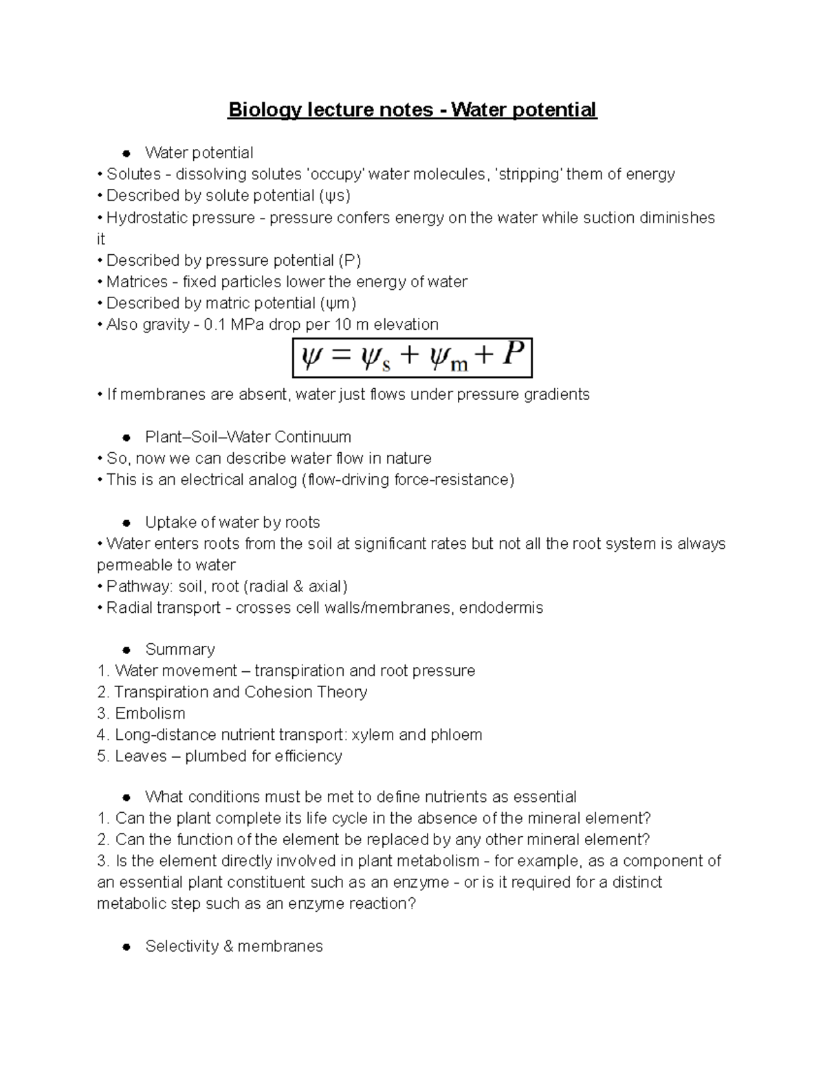 Biology lecture notes - Water potential - Often termed the Free Space ...