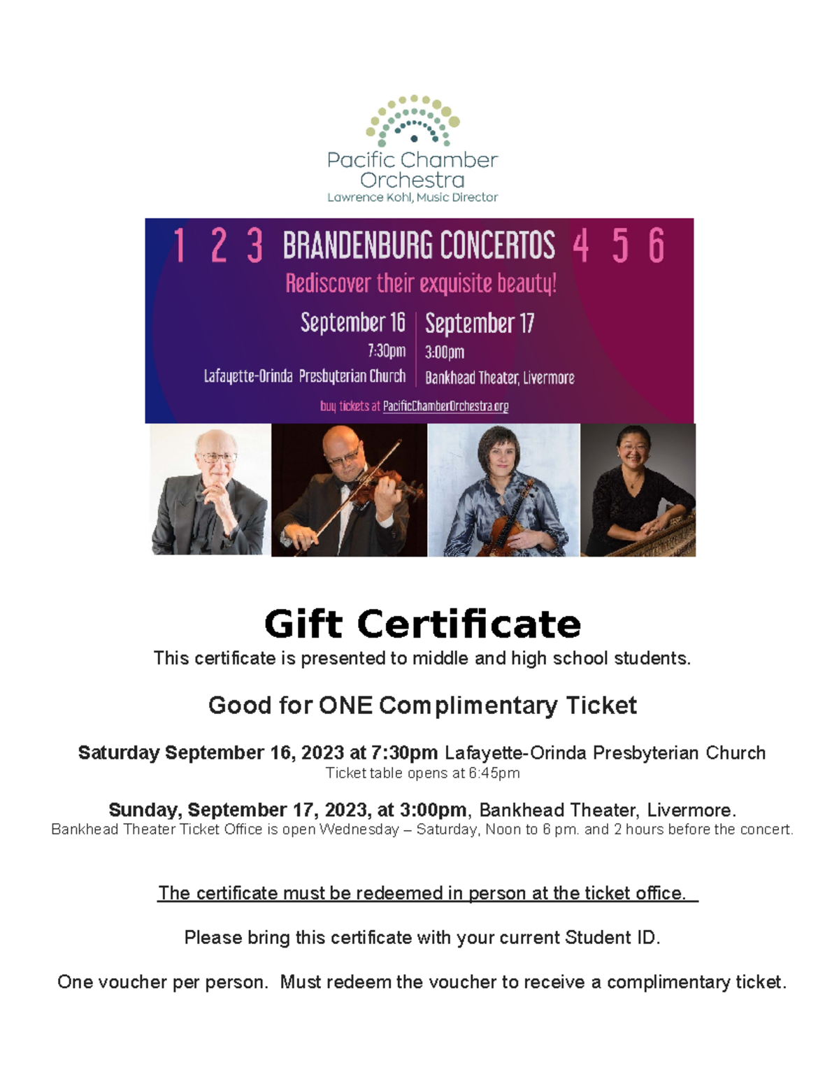 PCO Student Voucher - Bach - Gift Certificate This certificate is ...