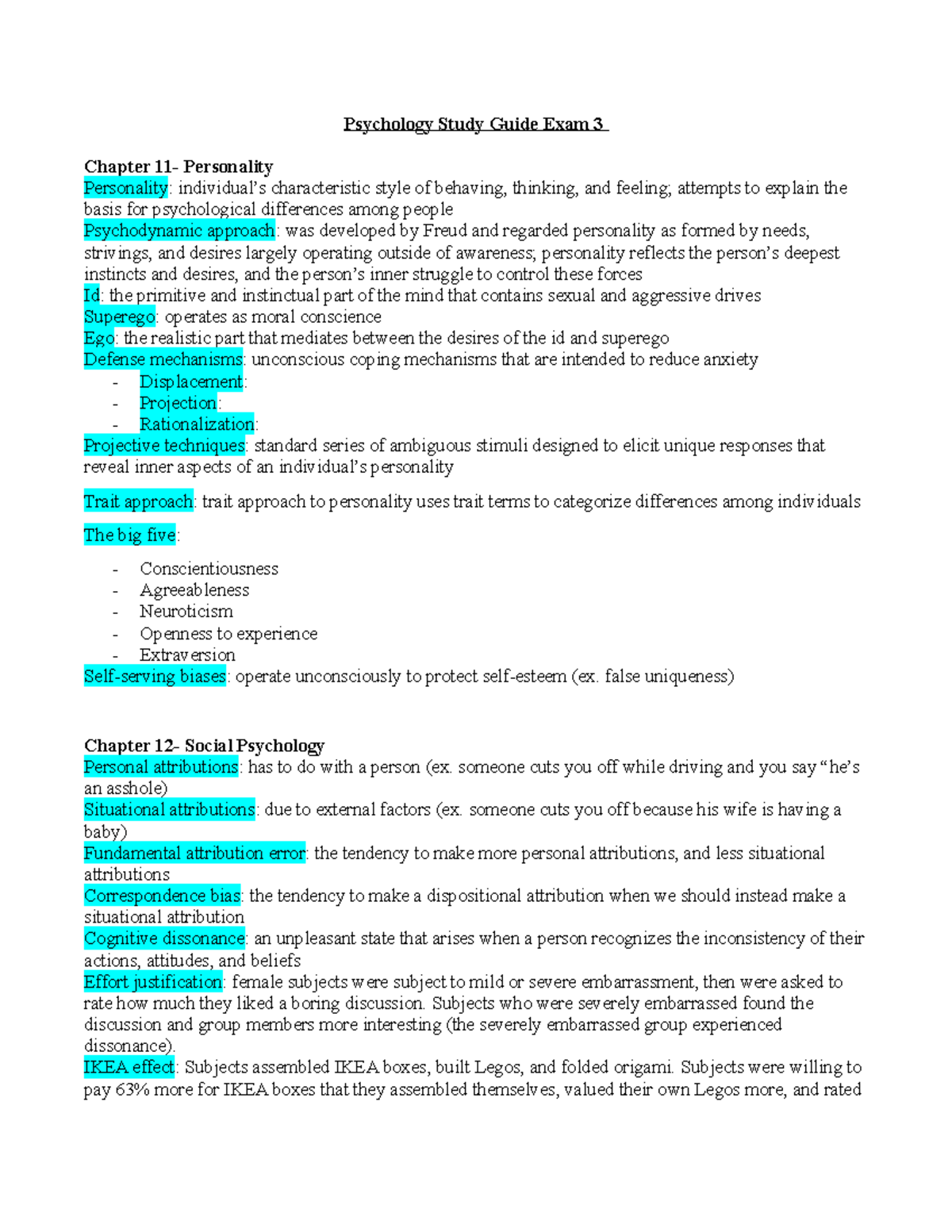 Psychology Exam 3 Study Guide - Psychology Study Guide Exam 3 Chapter ...