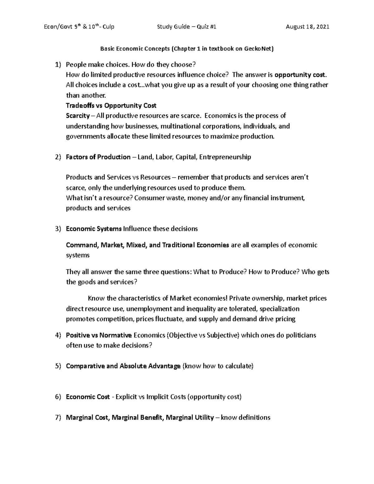 Basic Economic Concepts - Review Quiz 1 - Econ/Govt 9th & 10th- Culp ...