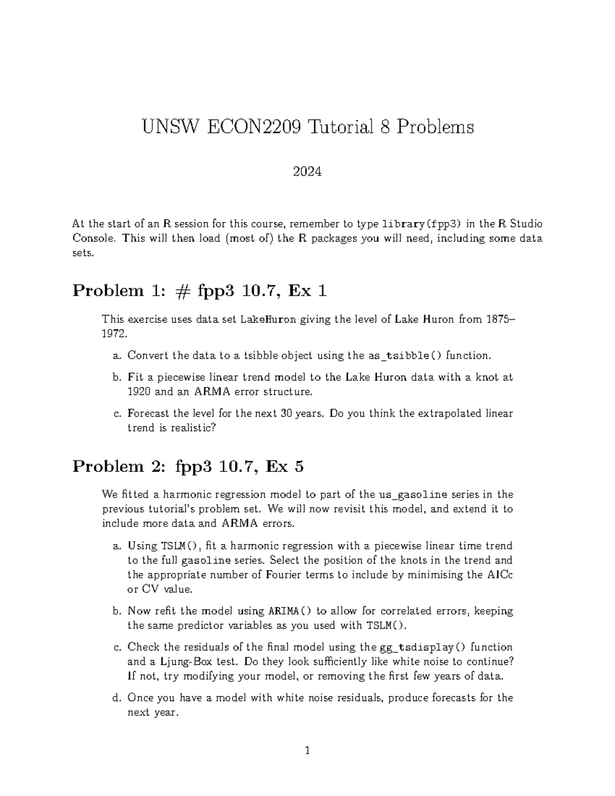 Tutorial 8 Problems - UNSW ECON2209 Tutorial 8 Problems 2024 At the ...