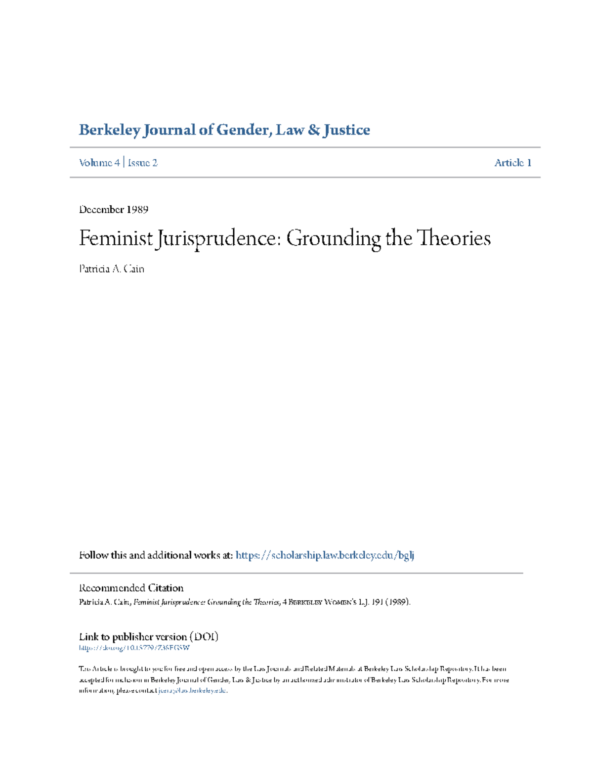Feminist Jurisprudence Grounding the Theories - Berkeley Journal of ...