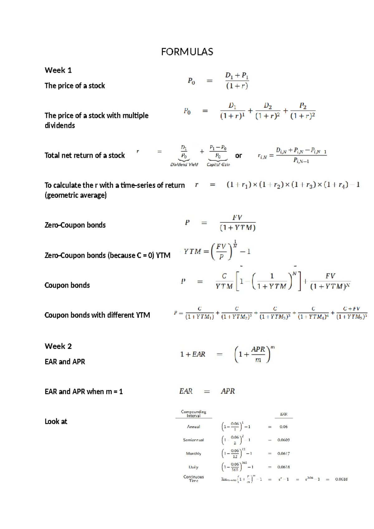 Intermediate Asset Pricing Formulas - FORMULAS Week 1 The price of a ...