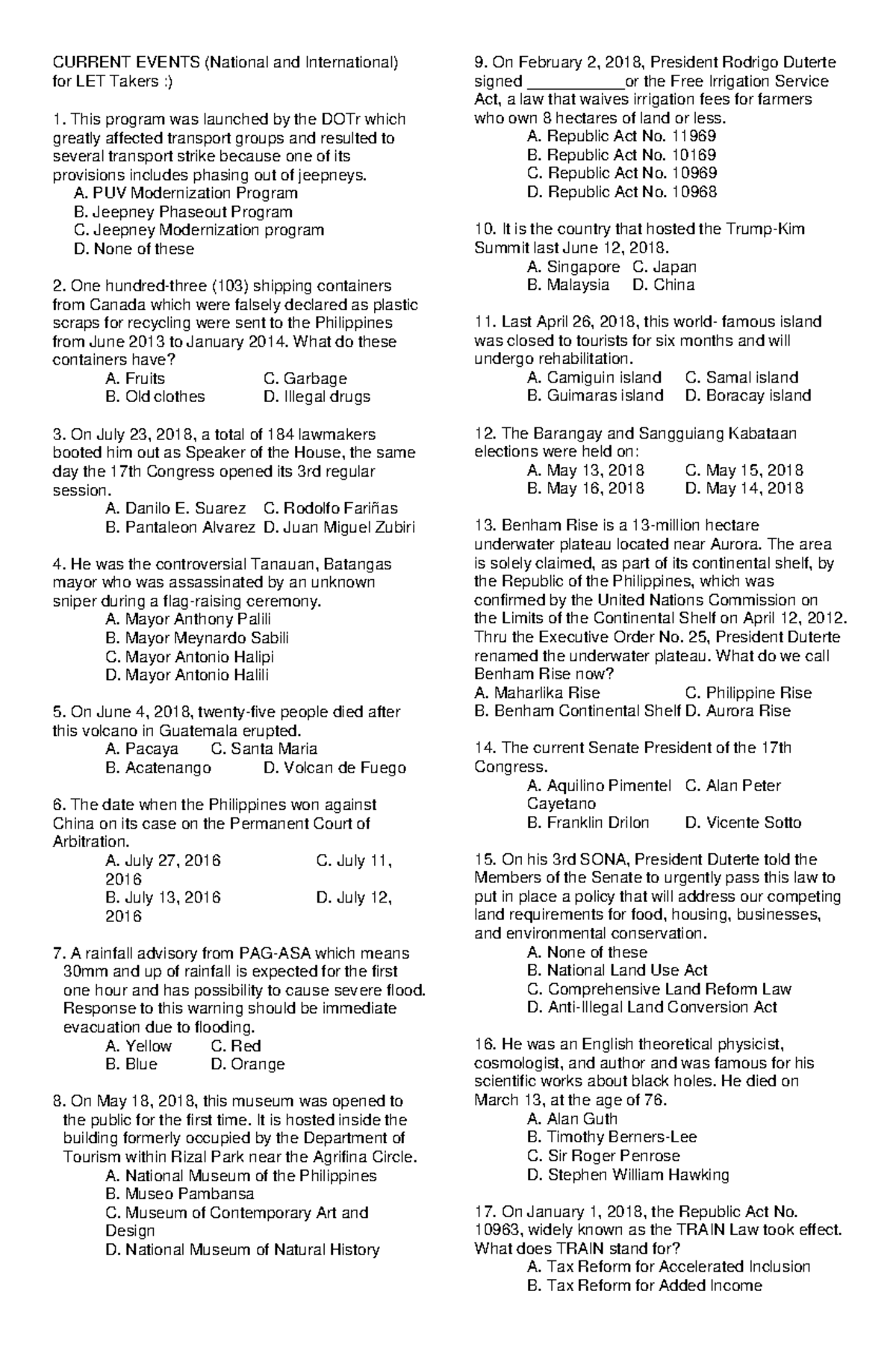 Review materials Current Events - CURRENT EVENTS (National and ...