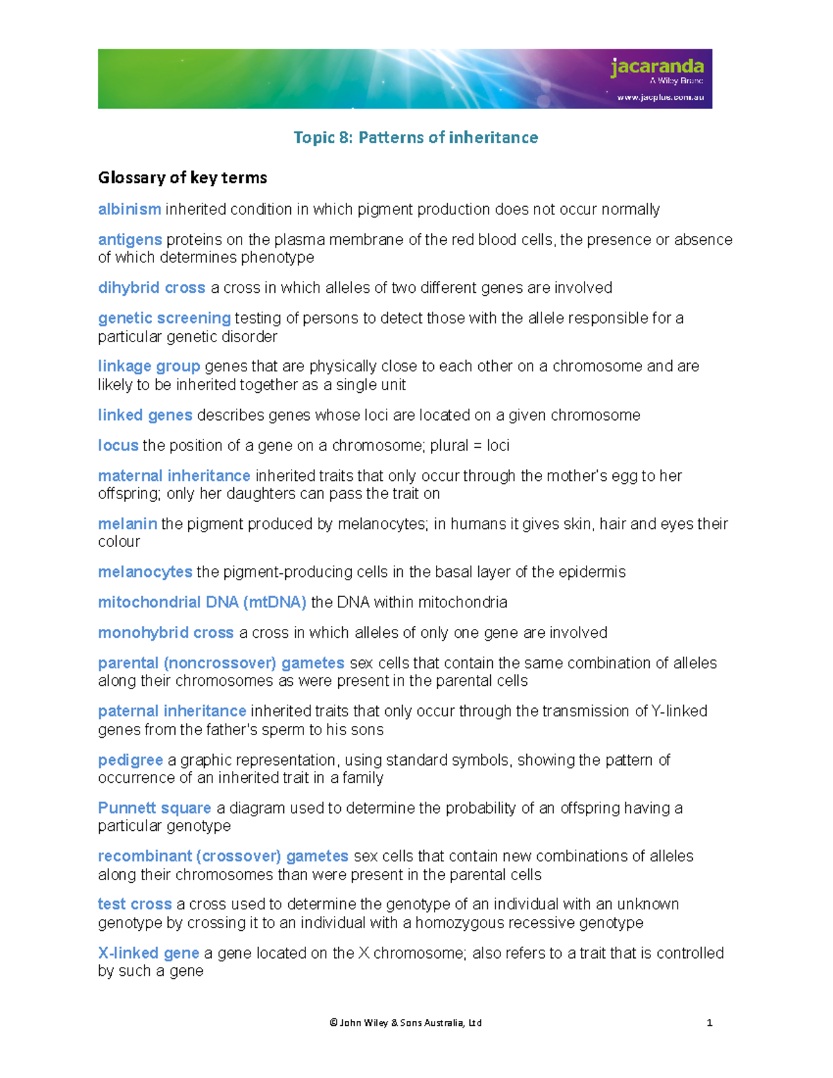 Doc-34656 - biology glossary unit 2 - Topic 8: Patterns of inheritance ...