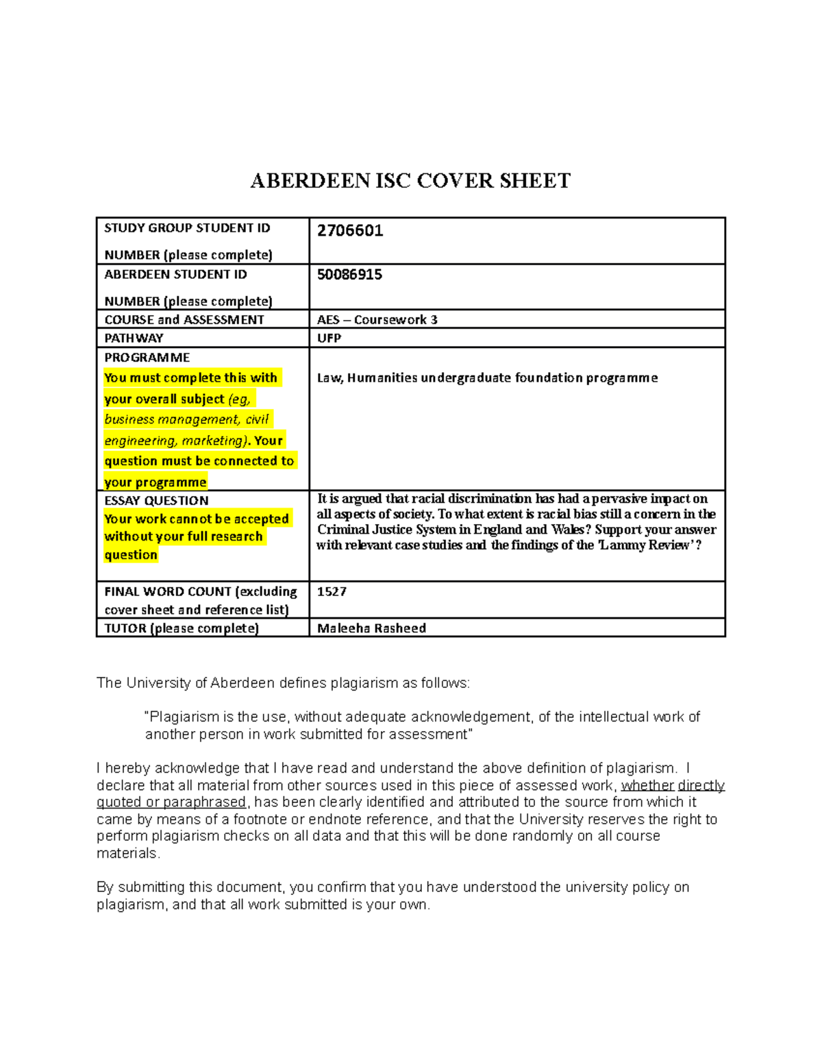 Essay CW 3 - ABERDEEN ISC COVER SHEET STUDY GROUP STUDENT ID NUMBER ...