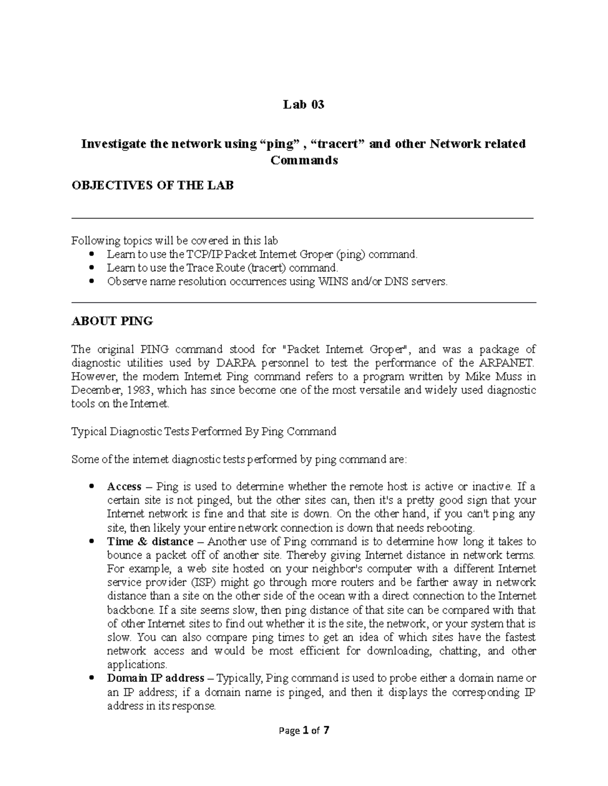 Lab 03 - CCNA - Lab 03 Investigate the network using “ping” , “tracert ...