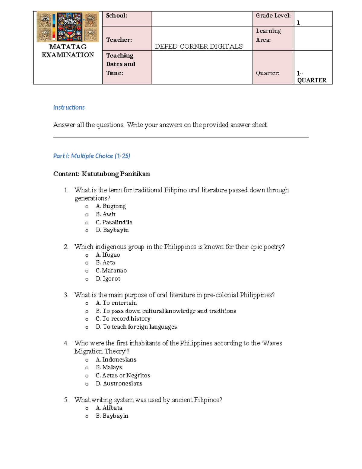 Filipino Deped Corner Digitals - Instructions Answer all the questions ...