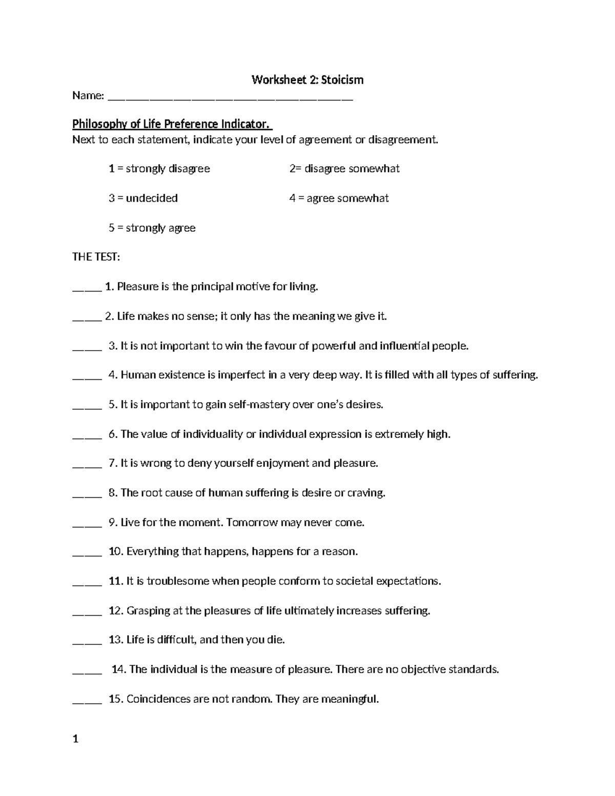 Worksheet 2 Stoicism 2024 - Worksheet 2: Stoicism Name