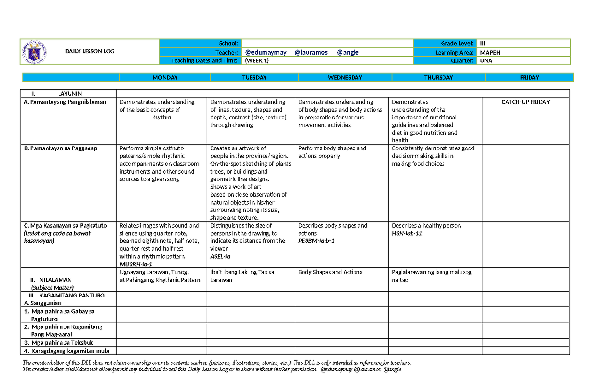DLL Mapeh-3 Q1 W1 newedumaymaylauramosangie - DAILY LESSON LOG School ...