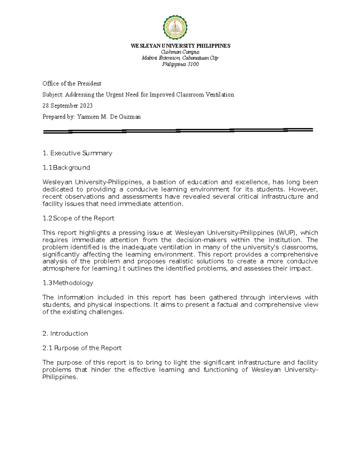 Report- of the fina - WESLEYAN UNIVERSITY PHILIPPINES Cushman Campus ...