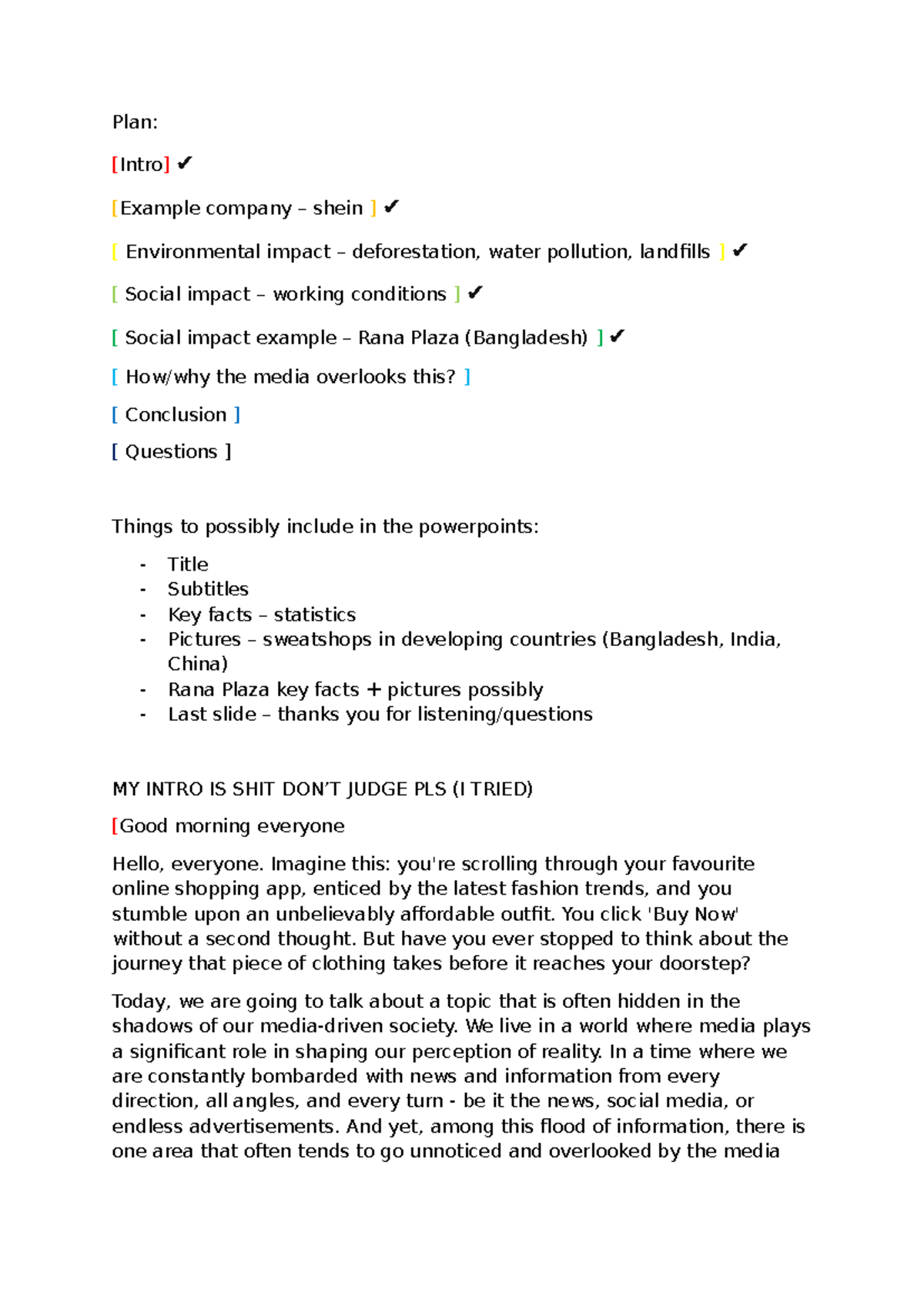 Speech model answer - Plan: [Intro] [Example company – shein ...