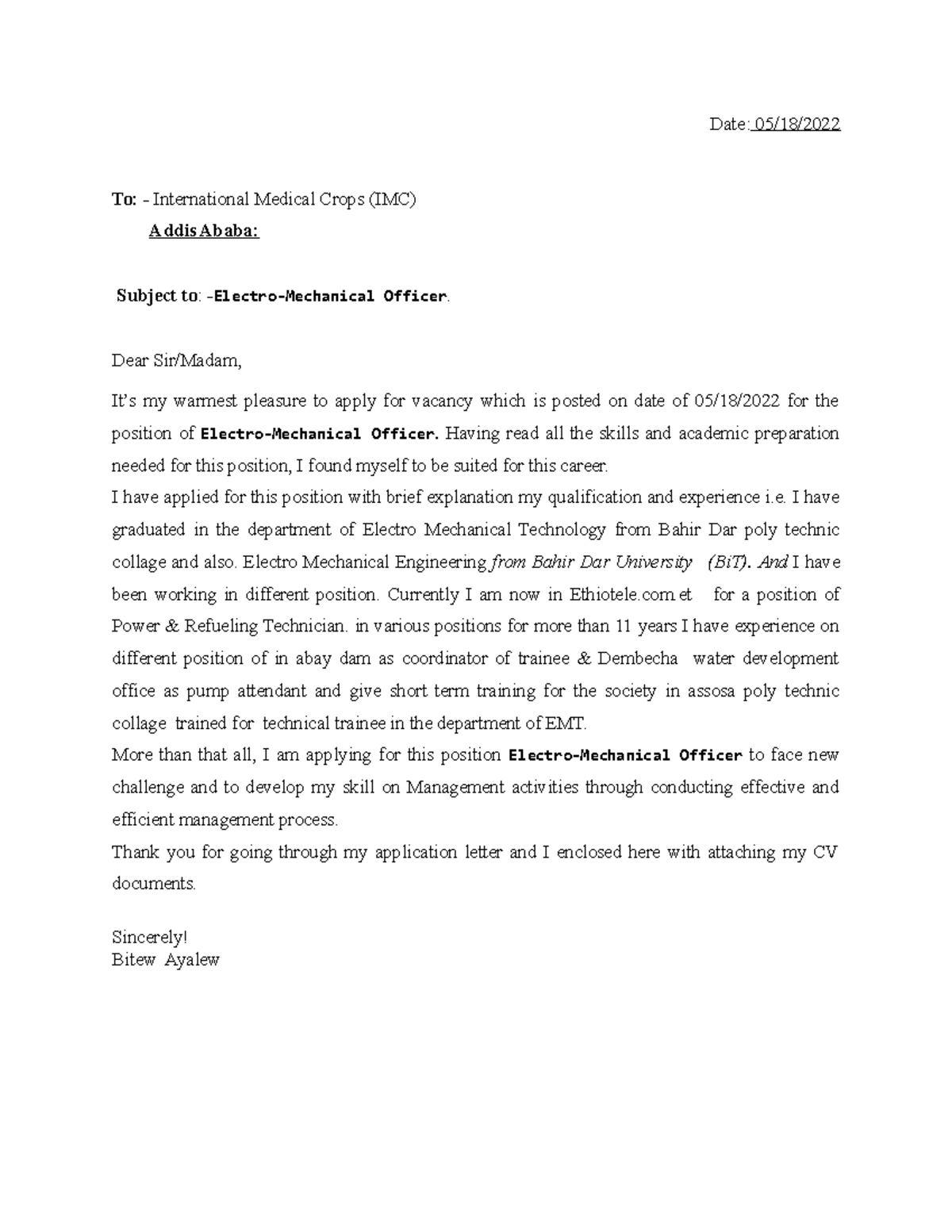 Aplication - cv app - Date: 05/18/ To: - International Medical Crops ...