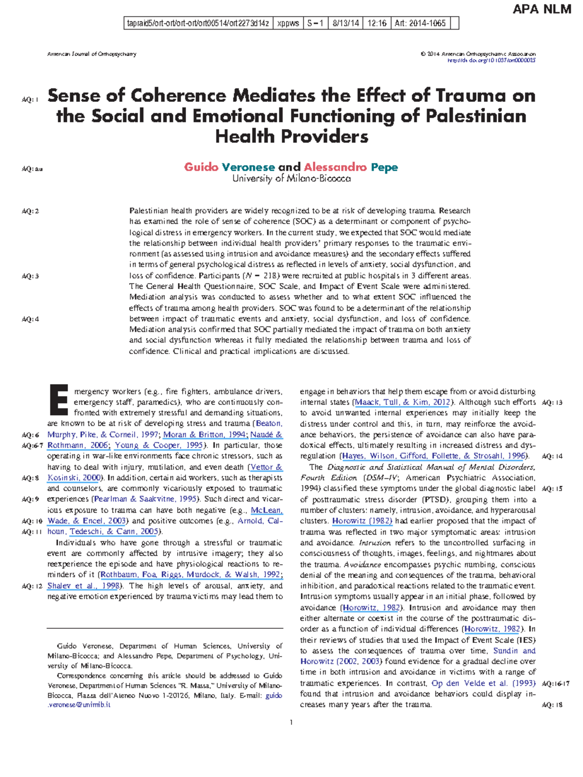 Sense of coherence mediates the effect o - Research has examined the ...