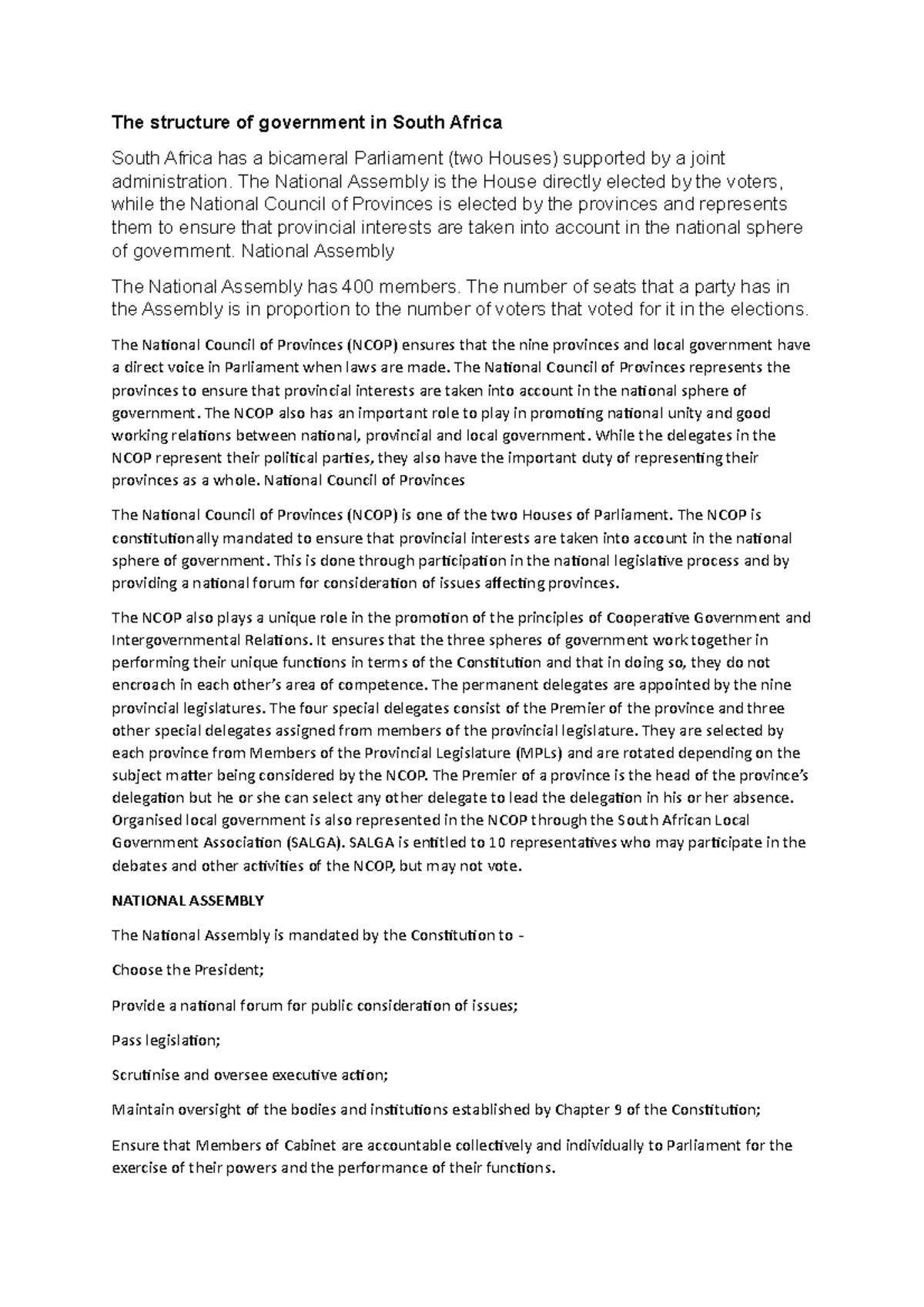 CPUB 011 Notes - Profs... - The structure of government in South Africa ...